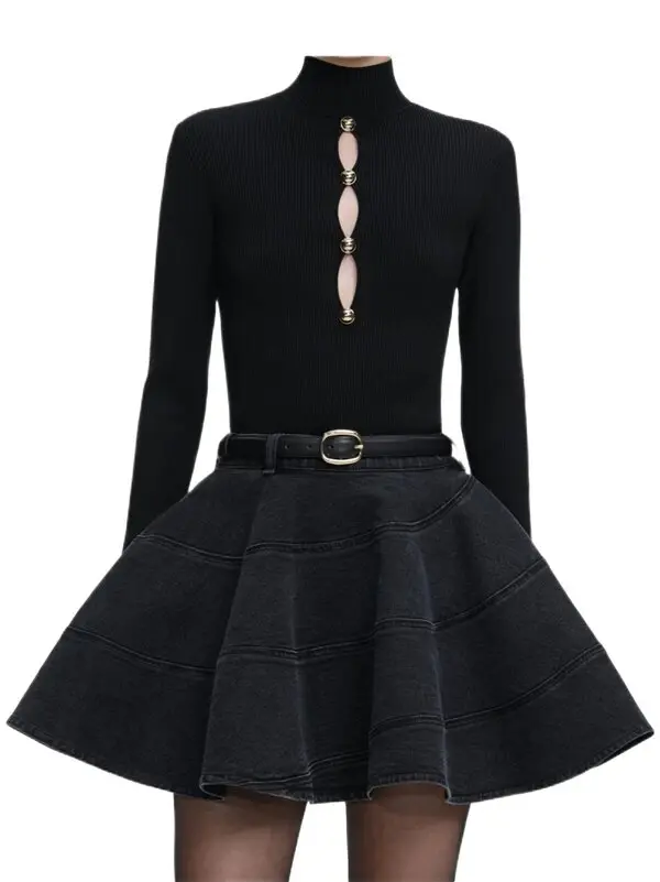 SELF-PORTRAIT Ribbed High Neck Cardigan With Keyhole Detail - Black