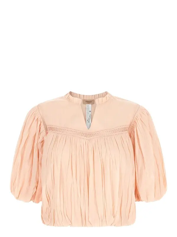 TWINSET Crinkled Lace Trim Puff Sleeve Blouse - Nude