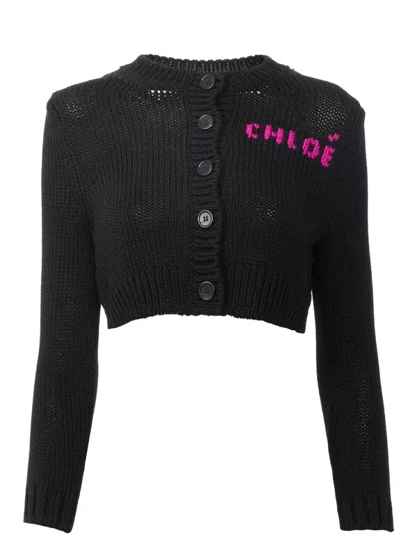 Chloé Cropped Logo Embroidered Cotton Knit Cardigan - Black