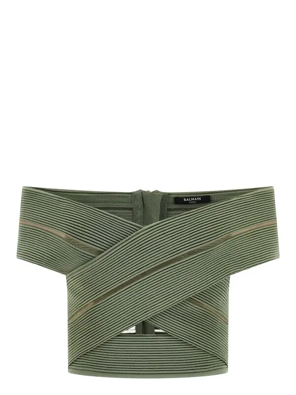 Balmain Off-the-shoulder Cropped Top With Mesh Inserts - Green