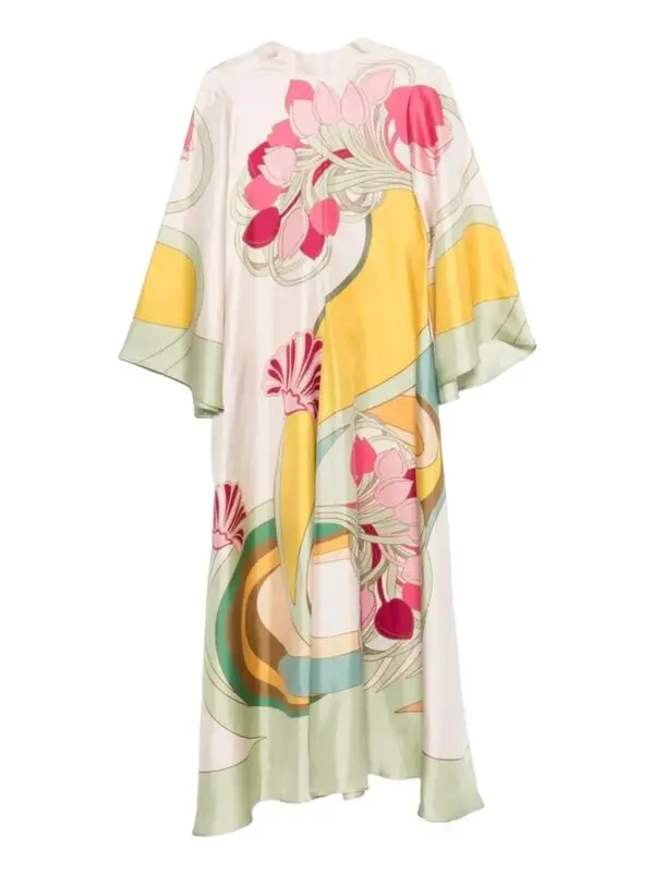 La DoubleJ Magnifico" Printed Silk Dress With Wide Sleeves - No