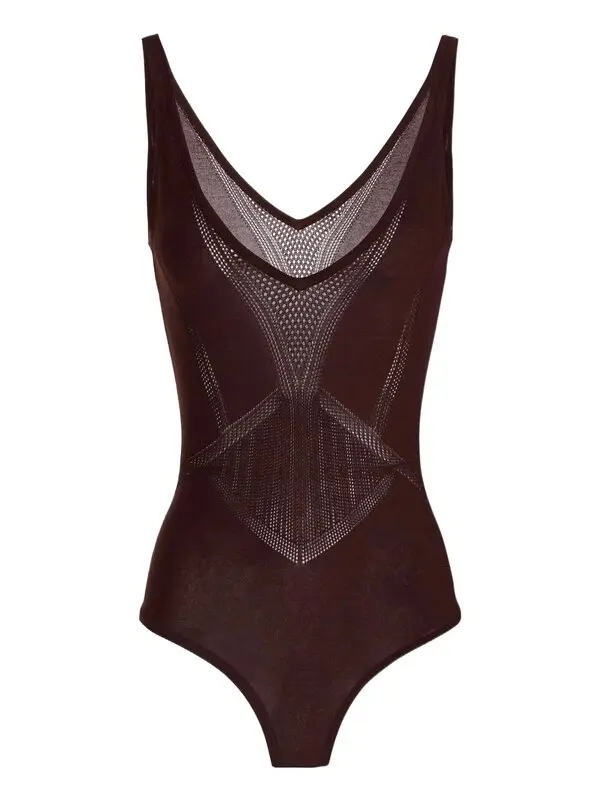 Elisabetta Franchi Knit Bodysuit Top With Geometric Cut-outs And Gold Logo Plaque - Cocoa
