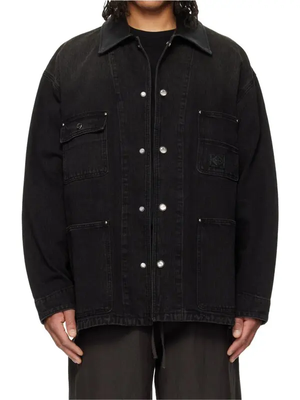 WOOYOUNGMI Leather Collar Washed Denim Jacket - Black
