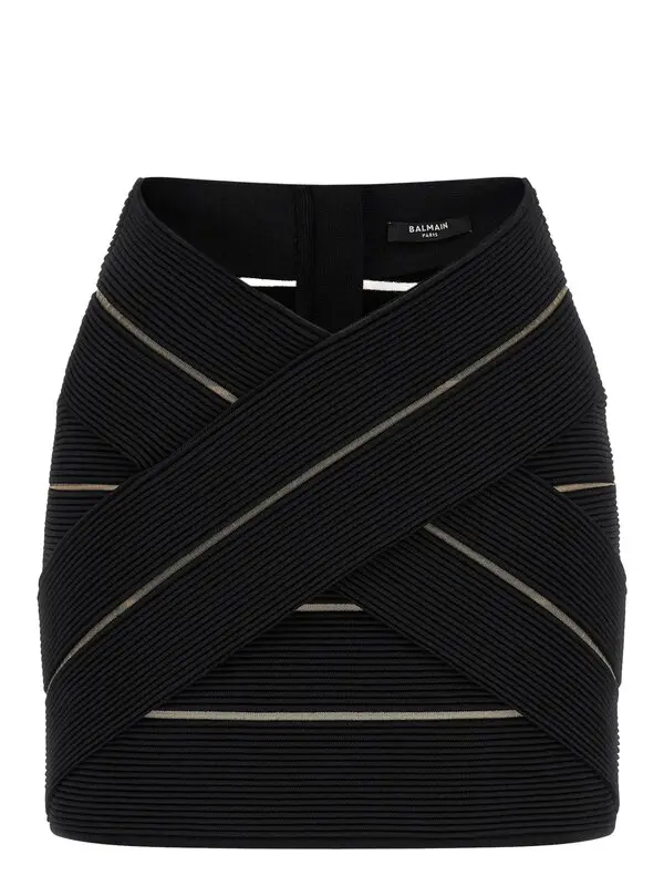 Balmain V-waist Mesh Insert Stretch Mini Skirt - Black