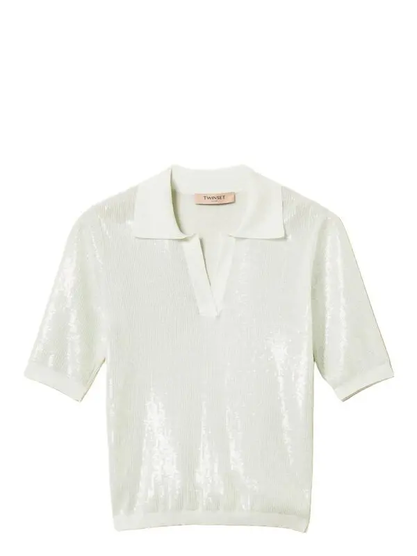 TWINSET Sequin Embellished Short-sleeved Polo Shirt - White