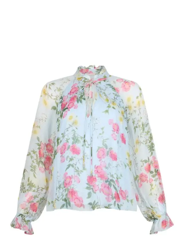 Liu Jo Pleated Floral Tie-neck Top - Flower Light Blue
