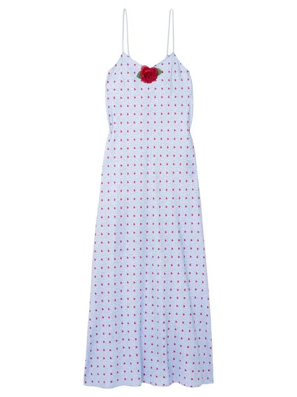 RODARTE Printed Silk-twill Midi Dress With Rosette Appliqu - Blue