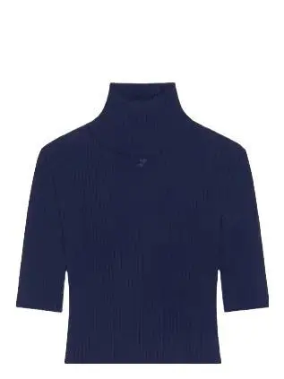 COURREGES Ribbed Knit Mock Neck Cropped Top With Logo Detail - Blue