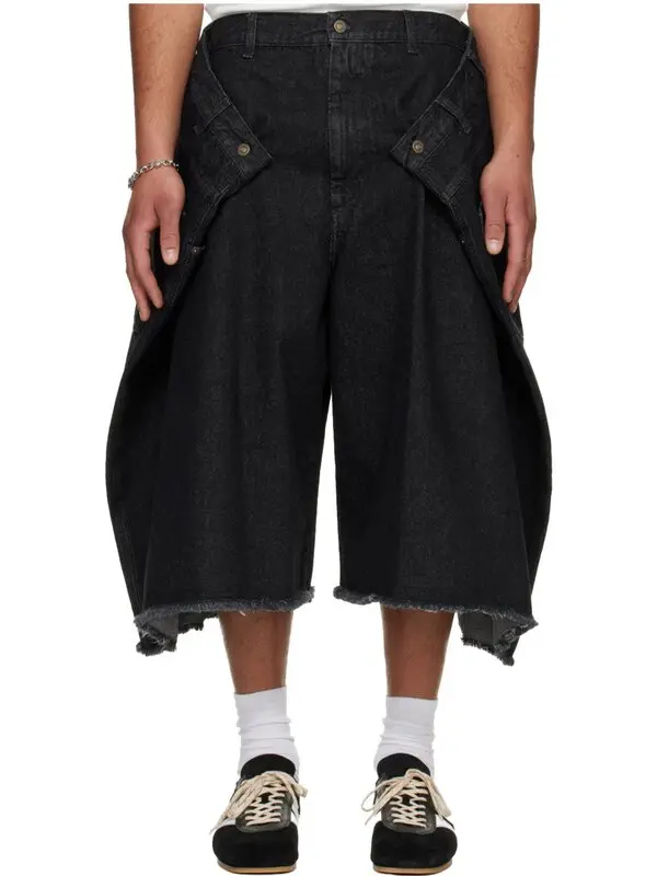 LU'U DAN Wide-leg Denim Shorts With Distressed Finish - Water-washed Black