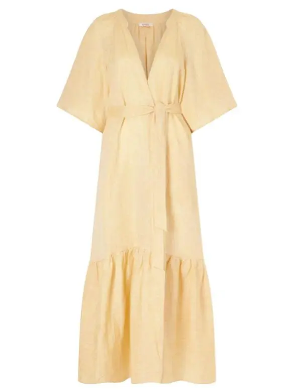 ERES Linen V-neck Midi Dress With Tiered Hem And Belt - Nude