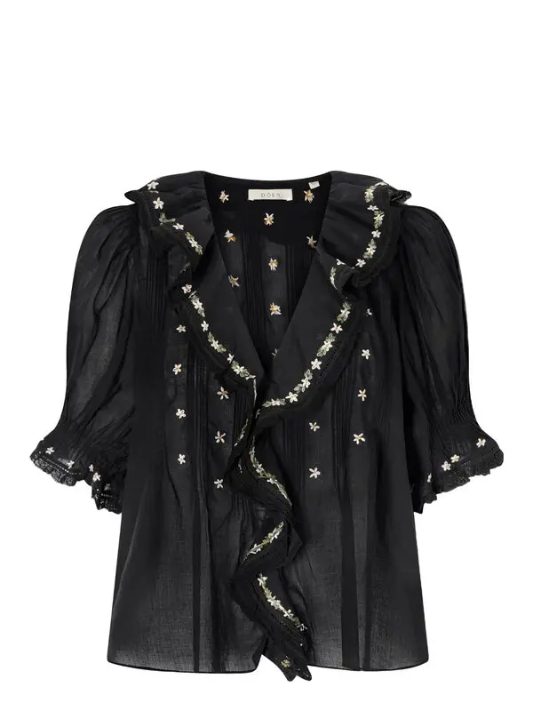 DÔEN Hettie Floral Embroidered Ruffled Blouse - Black