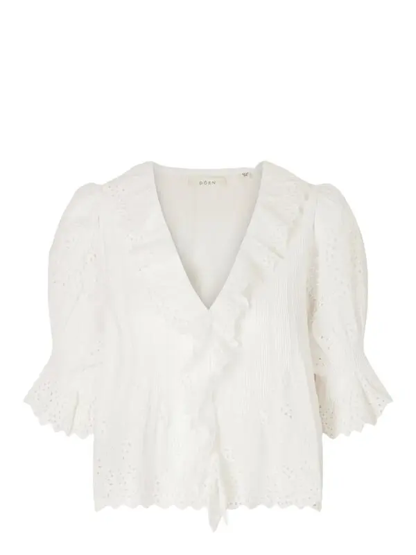 DÔEN Ruffled Pintucked Broderie Anglaise Cotton Top - No