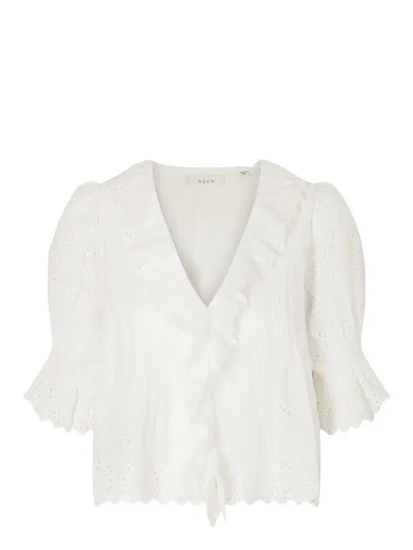 DÔEN Ruffled Pintucked Broderie Anglaise Cotton Top - White