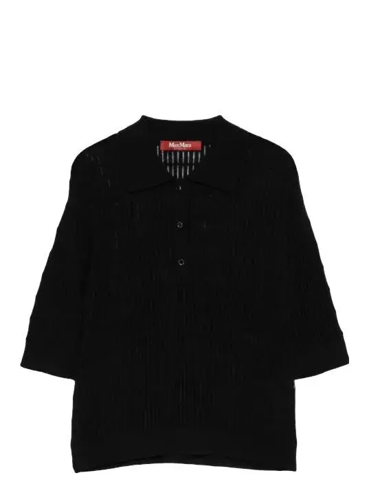 Max Mara Ribbed Knit Buttoned Polo Top - Blue