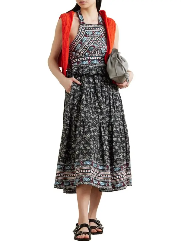 Sea Everly Ruffled Embroidered Floral-print Cotton Halterneck Midi Dress - Black