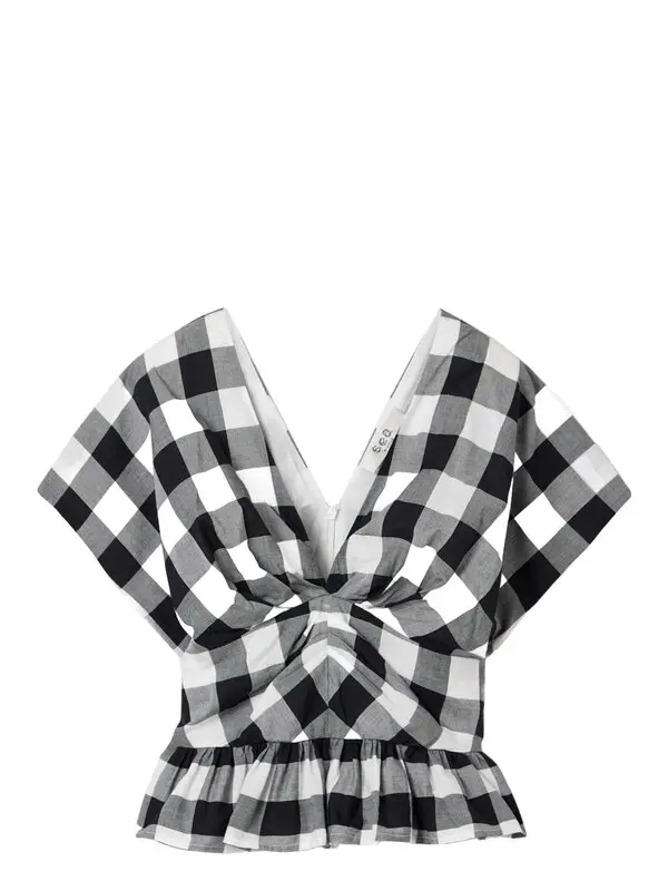 Sea Gathered Gingham Cotton-poplin Peplum Top - Gray