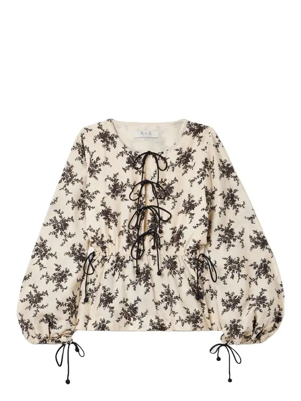 Sea Floral-print Tie-front Blouse - Multicolor