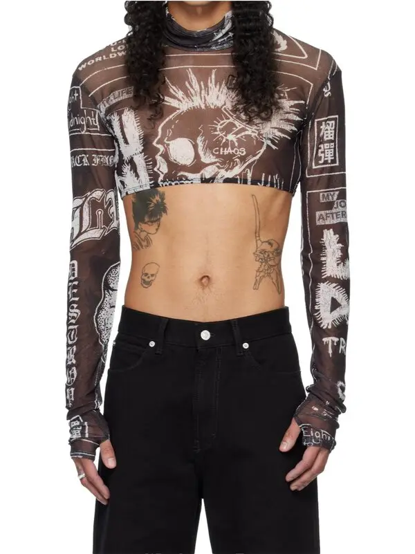 LU'U DAN Mesh Print Turtleneck Cropped Top - Black