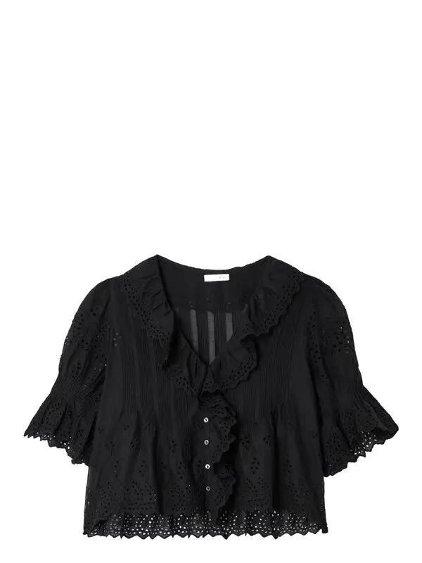 DÔEN Ruffled Pintucked Broderie Anglaise Cotton Top - Black