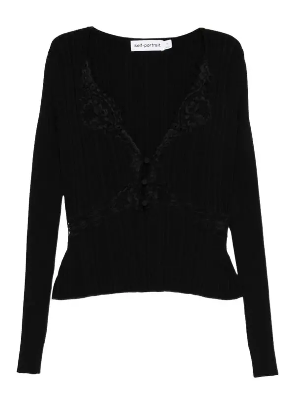SELF-PORTRAIT Lace Trimmed Ribbed Knit V-neck Top - Black