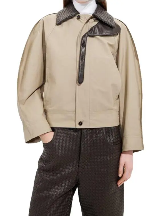 Bottega Veneta Relaxed Fit Lightweight Jacket With Woven Leather Collar - Nude