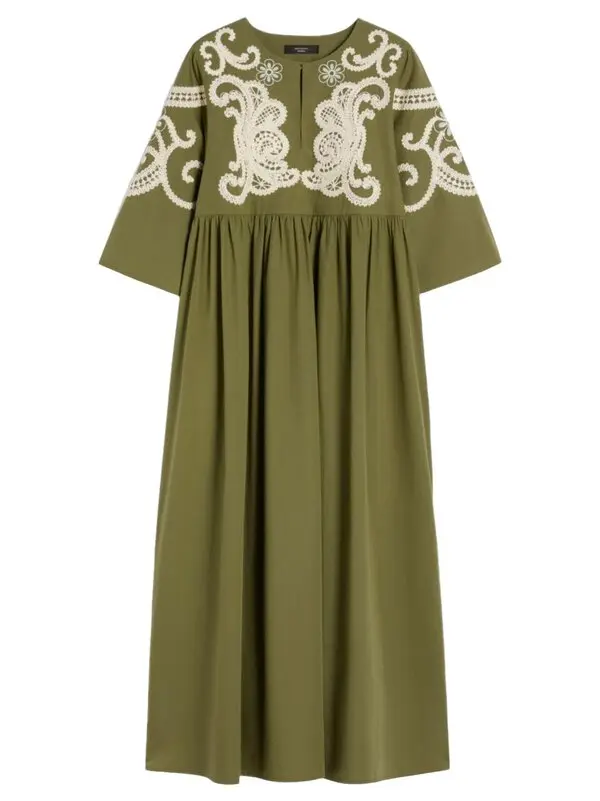 Max Mara Embroidered Gathered-waist Maxi Dress - Khaki