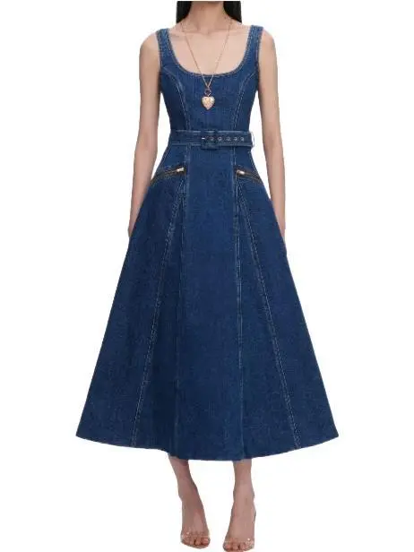 SELF-PORTRAIT Belt-detail Flared Midi Denim Dress - Blue