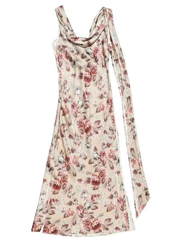Acne Studios Draped Maxi Dress With Crackled Rose Print - Multicolored Beige