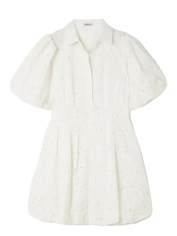 Simkhai Cleo Pleated Broderie Anglaise Mini Shirt Dress - White