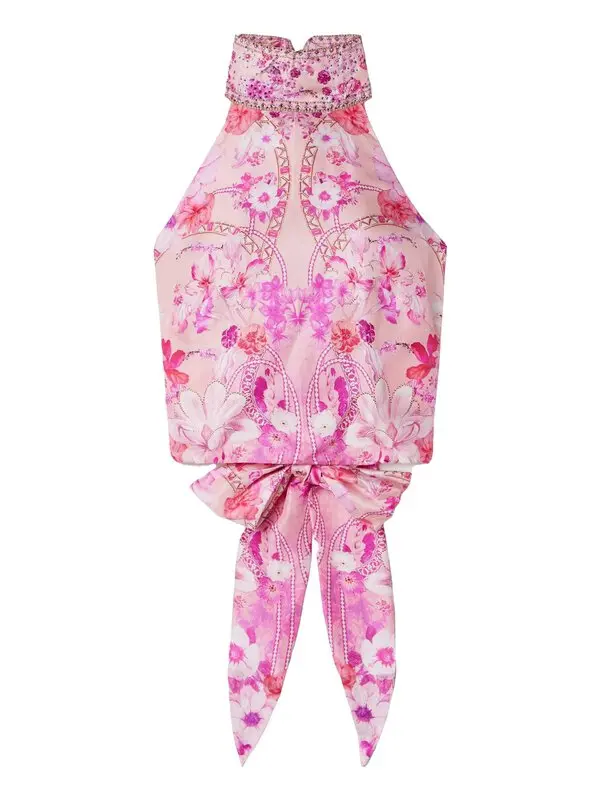 Camilla Cropped Crystal-embellished Printed Silk Halterneck Top - Pink