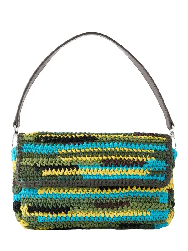 Staud Crocheted Raffia Shoulder Bag With Leather Trim - Green
