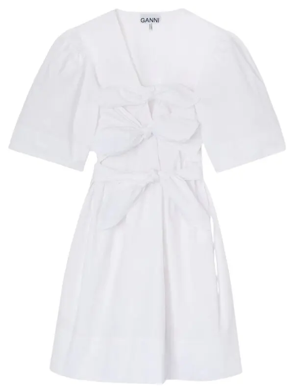 GANNI Bow Detailed V-neck Mini Dress - White