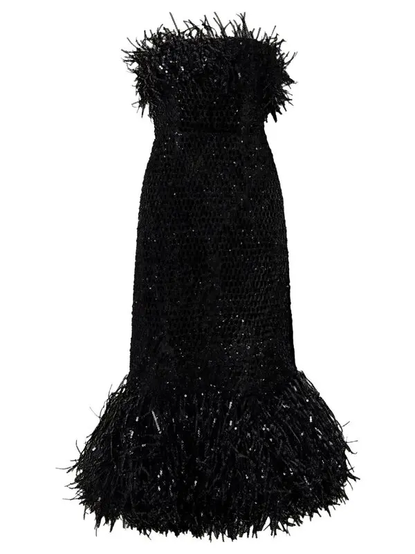 Oscar De La Renta Strapless Fringed Sequined Tulle Gown - Black