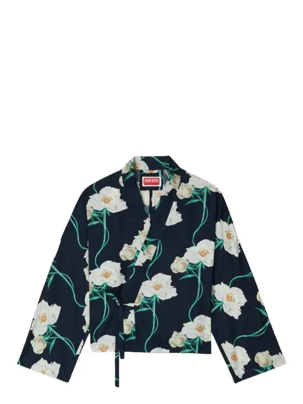 Kenzo Floral Print Kimono Wrap Jacket - Navy Blue