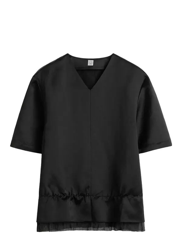 TOTEME V-neck Short Sleeve Top With Gathered Waist - Black
