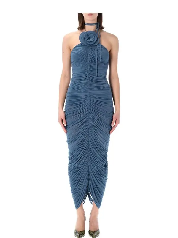 Magda Butrym Ruched Halterneck Dress With Floral Appliqu - Blue