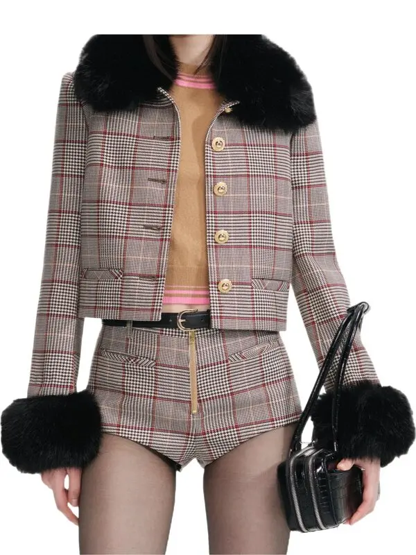 SELF-PORTRAIT Check Fur Trimmed Jacket - Brown