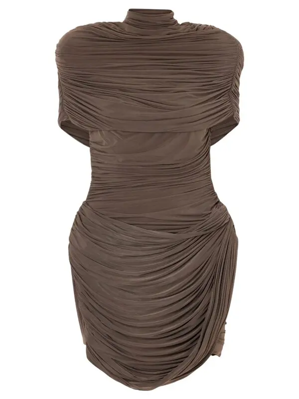 Magda Butrym Ruched Jersey High Neck Mini Dress - Brown