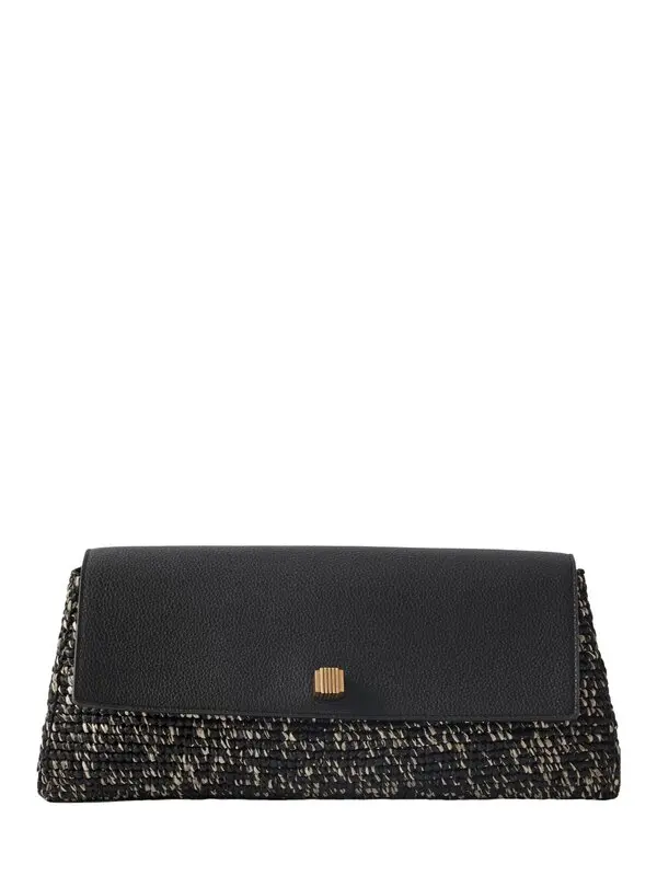Khaite Leather And Raffia Paneled Clutch With Sculptural Clasp - Black