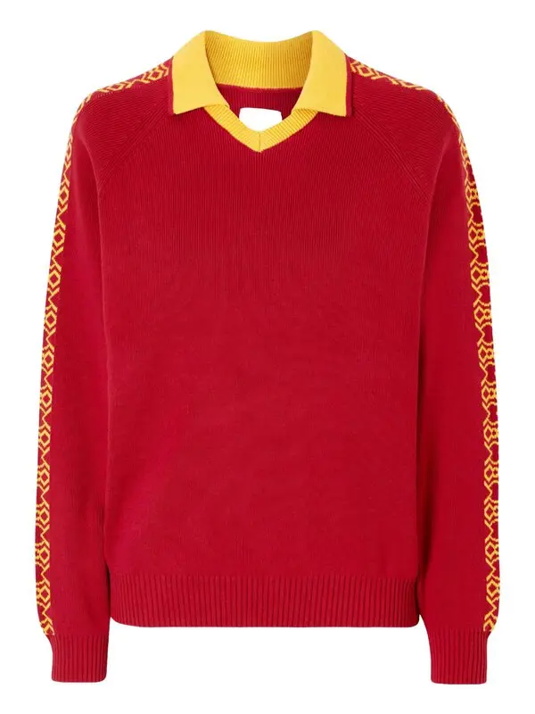 Aimé Leon Dore Ribbed-knit Cotton Polo Sweater With Geometric Intarsia - Red