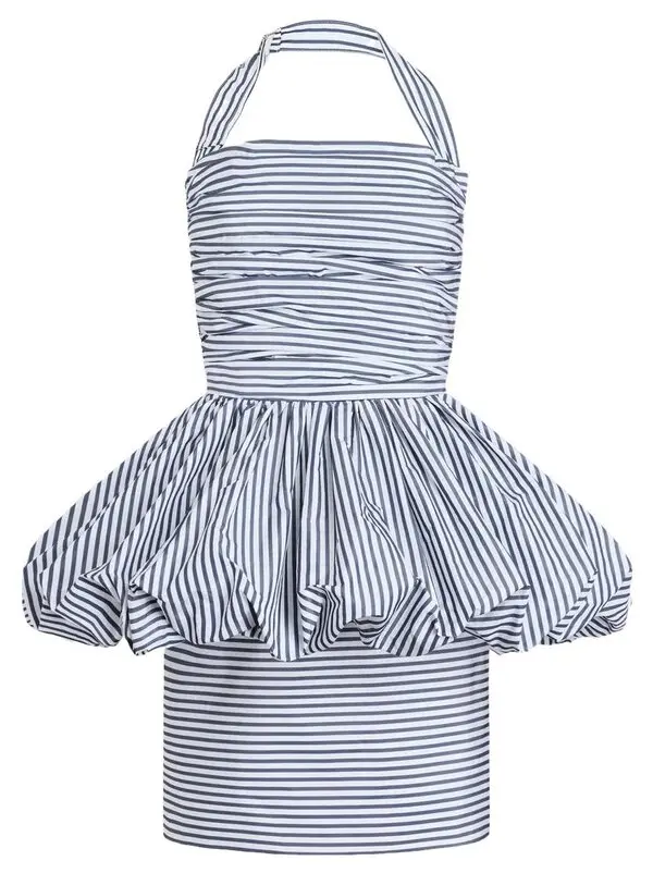 PATOU Striped Halterneck Mini Dress With Gathered Skirt - Offshore Stripes