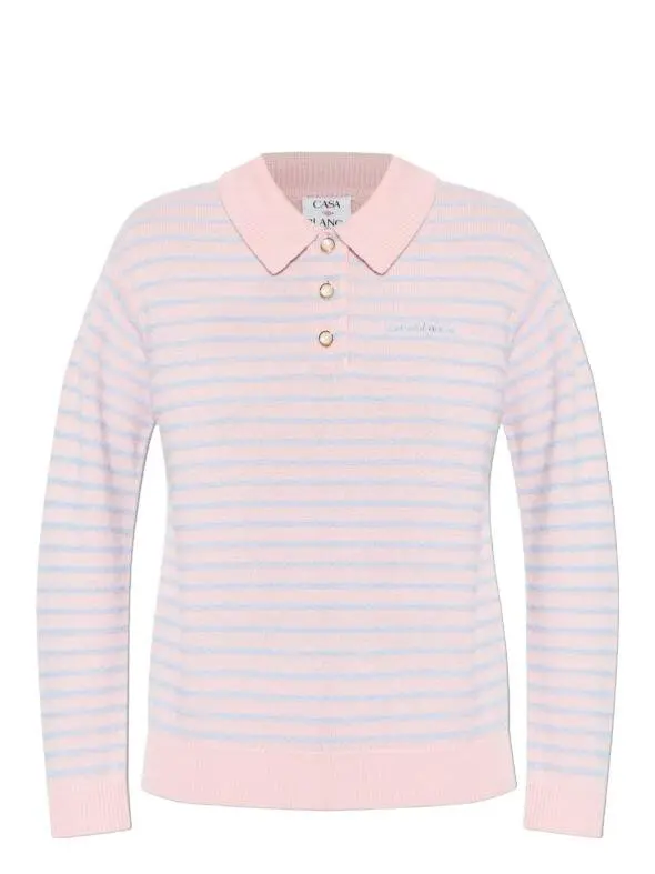 Casablanca Logo Embroidered Striped Knitted Polo Shirt - Pink