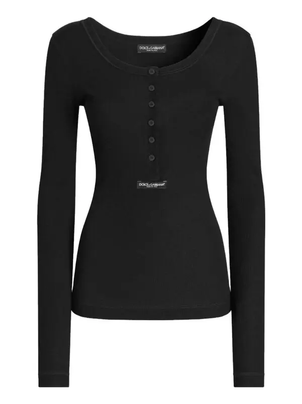 Dolce & Gabbana Ribbed Henley Long Sleeve Top - Black