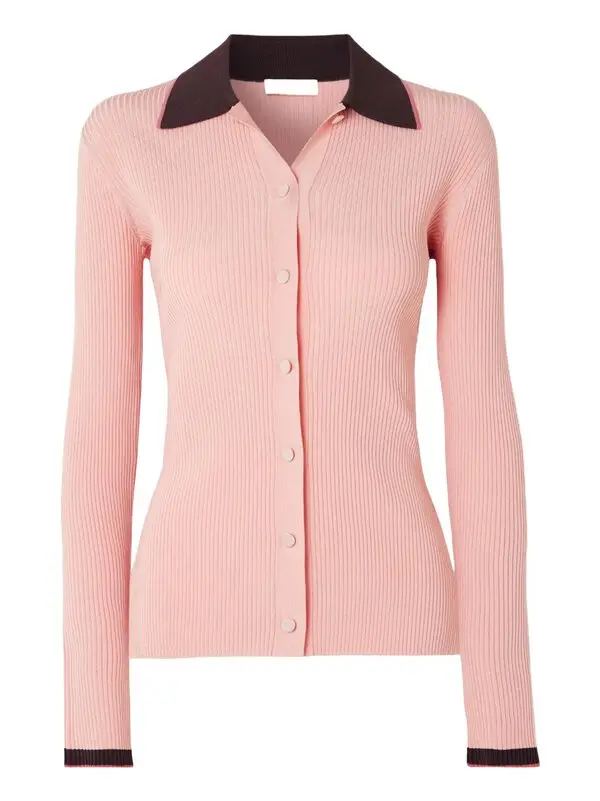 Zimmermann Ribbed Knit Cardigan With Contrasting Collar - Pink