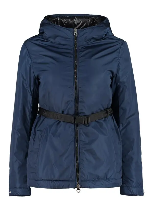 Duvetica Long-sleeved Hooded Down Jacket With Belt - Blue