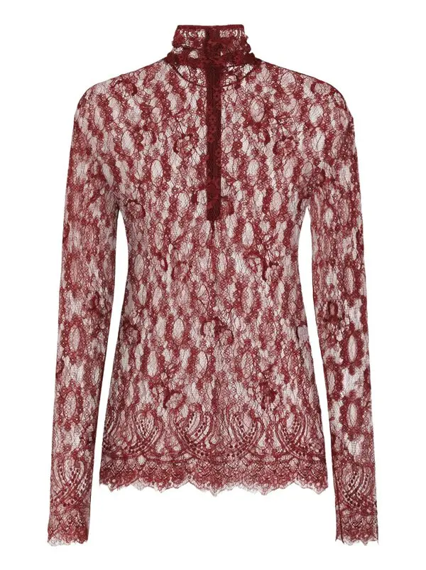 Dolce & Gabbana Chantilly Lace High Neck Top - Bordeaux Red