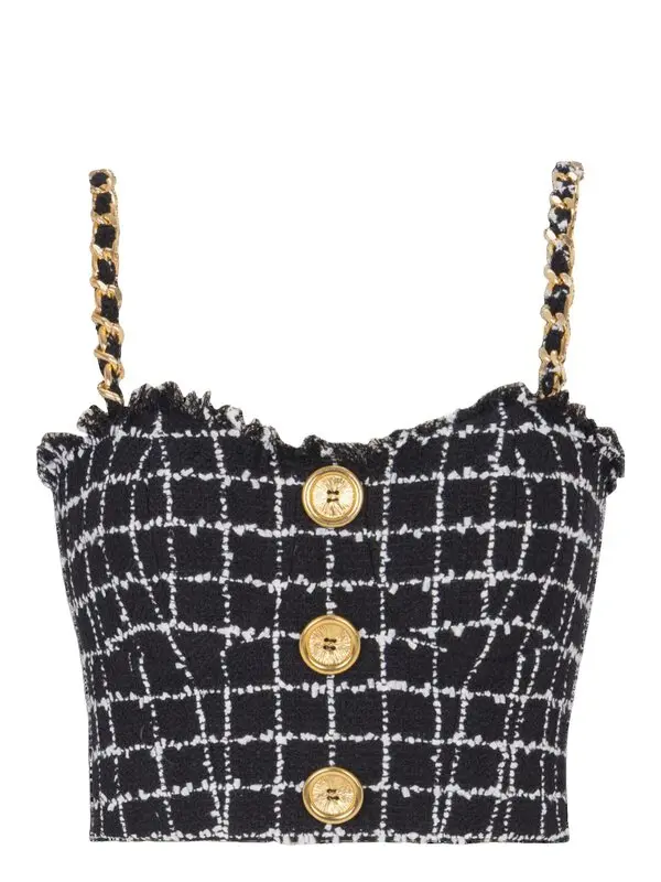 Balmain Tweed Cropped Top With Chain Straps - Black