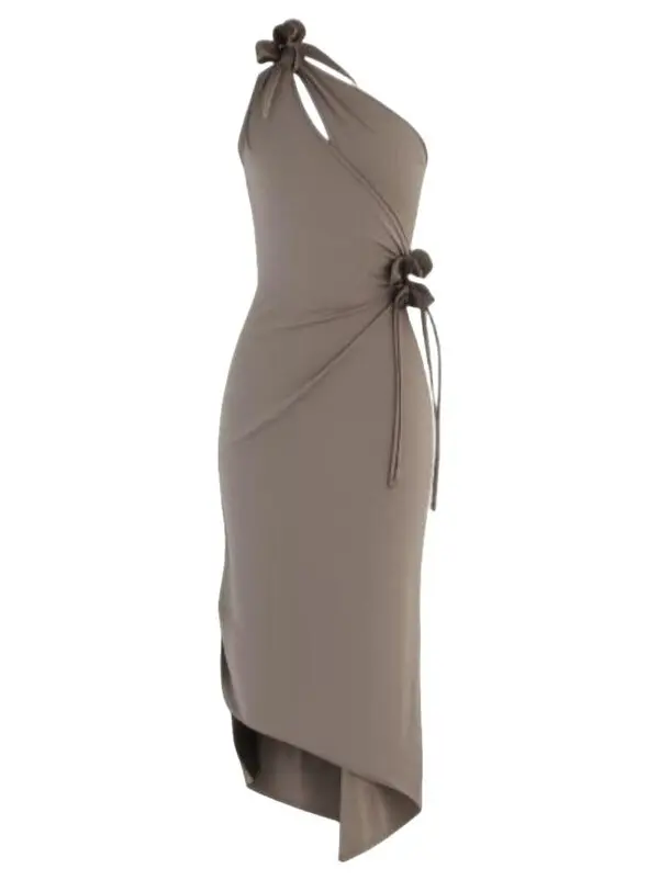 Coperni One-shoulder Flower Midi Gown Dress - Brown