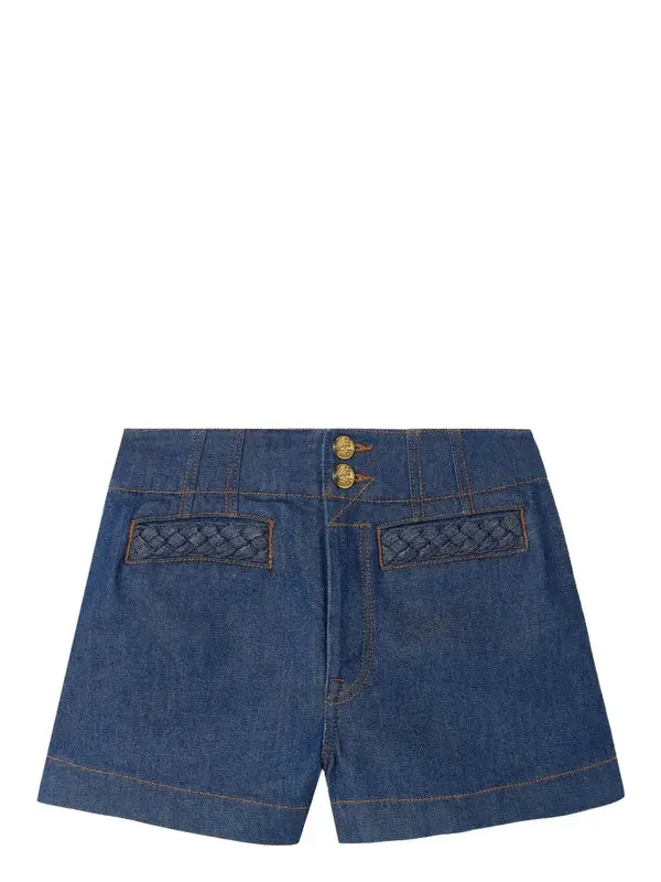 Zimmermann Awaken Denim High-waisted Shorts With Gold Buttons - Dark Blue