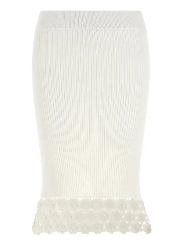 GANNI Ribbed Knit Midi Skirt With Crochet Hem - Egret